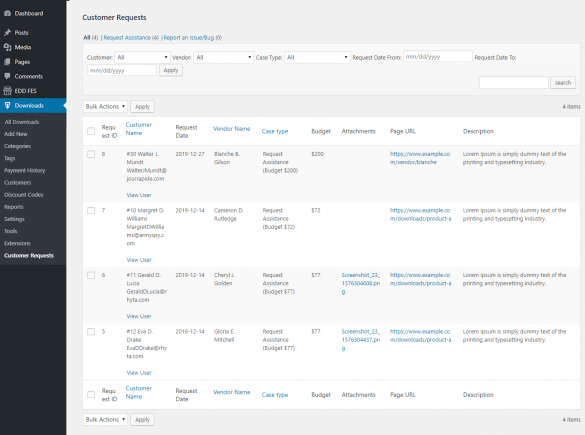 Customer Requests List