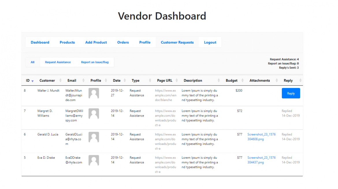 Customer Requests at Vendor Dashboard