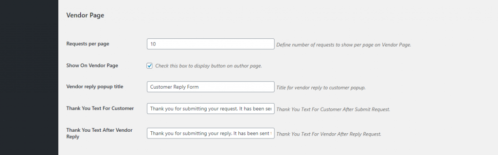Vendor Page Settings