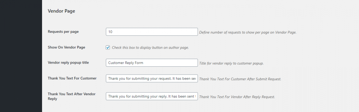 Vendor Page Settings