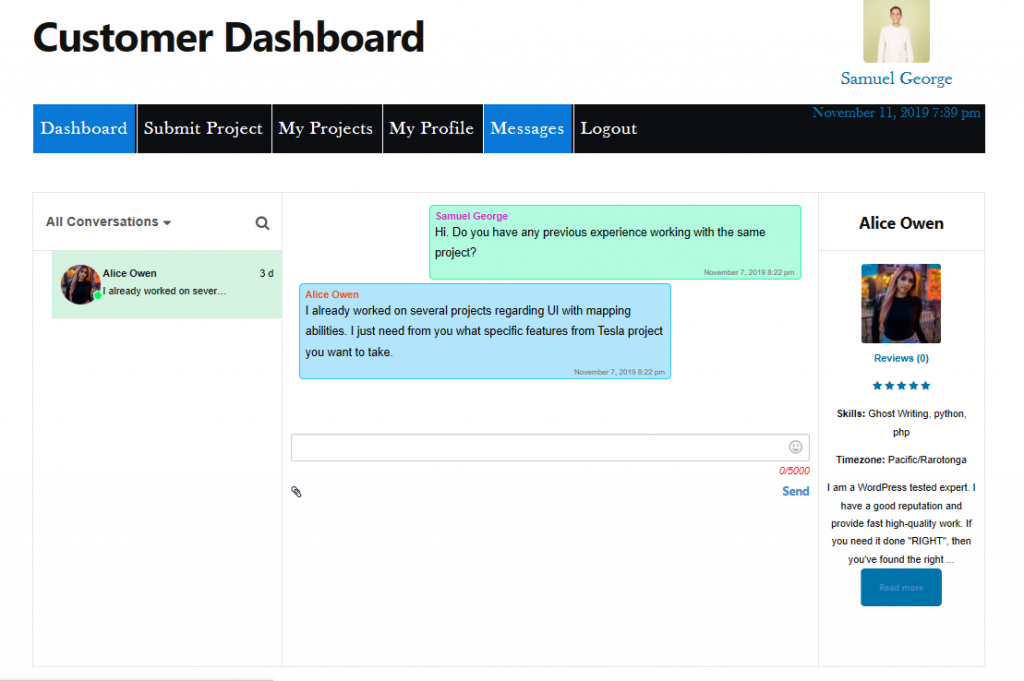 Customer Dashboard Messages