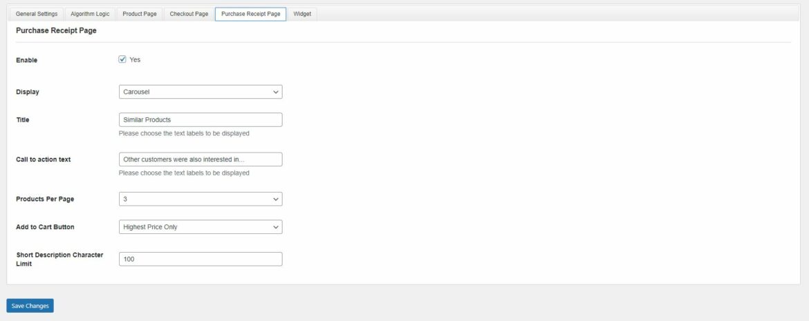 Purchase Receipt Page (Settings)